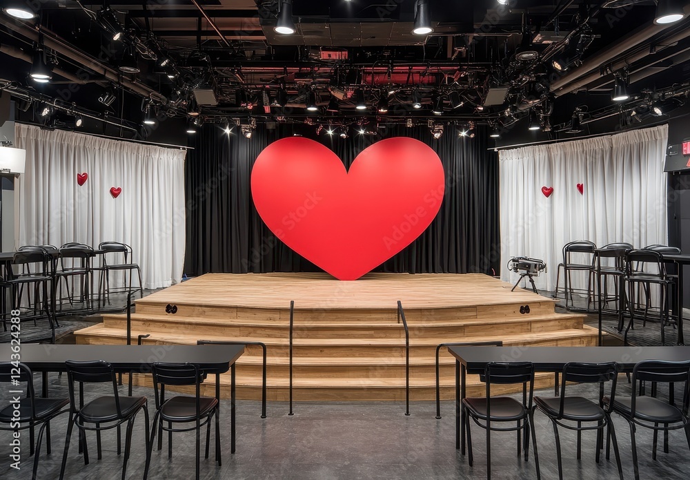 Large red heart stage backdrop, wooden stage with black chairs and ...