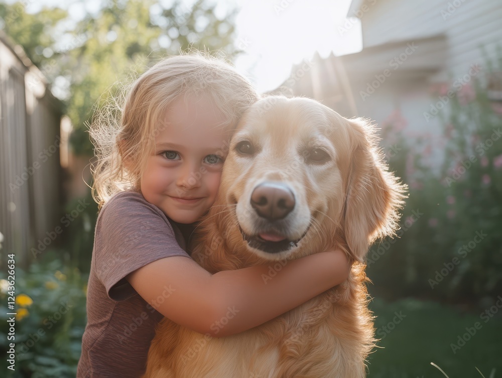 Child joyfully hugs golden retriever in a sunlit garden, creating a ...