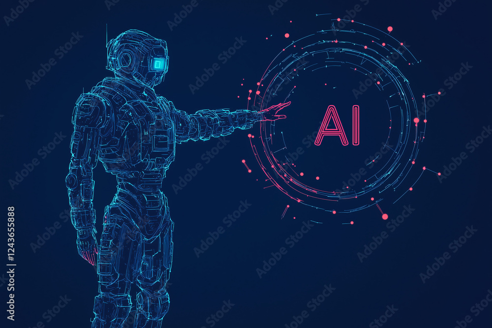 AI Activation: A futuristic robot, rendered in a captivating wireframe ...