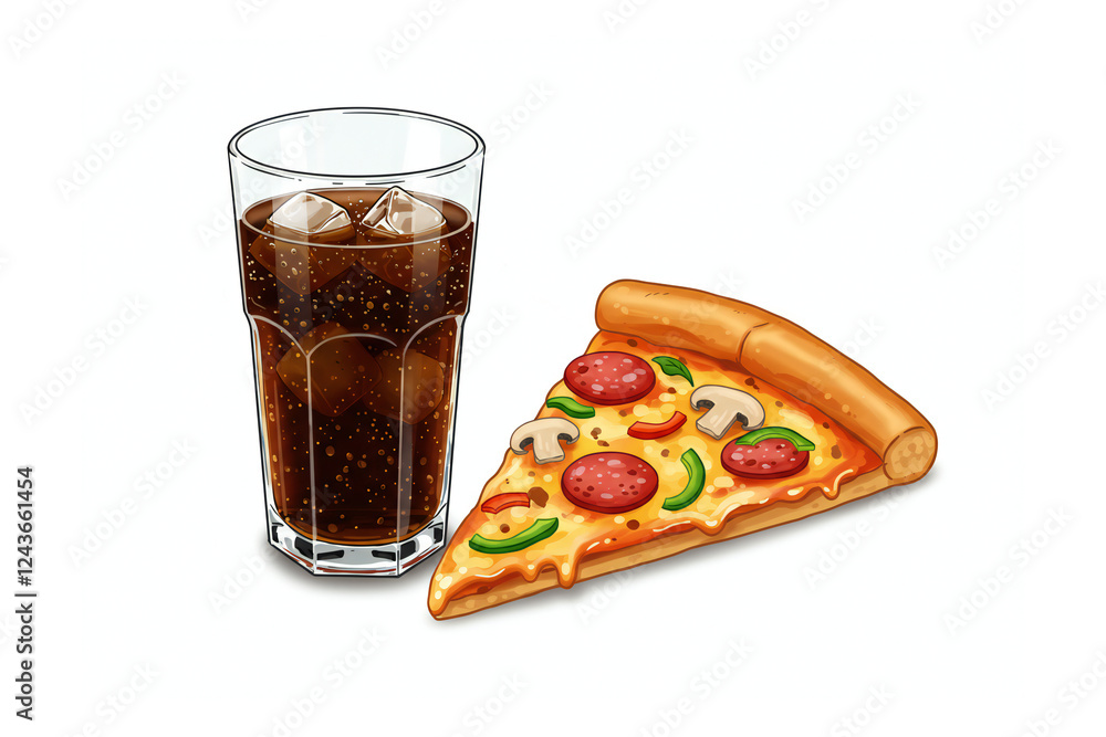 Illustration of a mixed pizza slice with glass of coke, isolated on ...