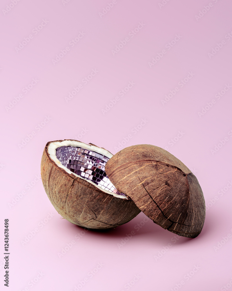 Open coconut shell with bright disco mirror tiles on soft pink ...
