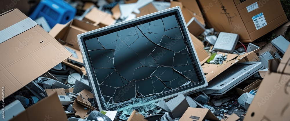 Broken black screen disposed among cardboard boxes and electronic ...