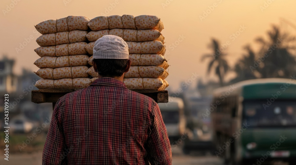 Busy rural bus station with workers loading various cargo and packages ...