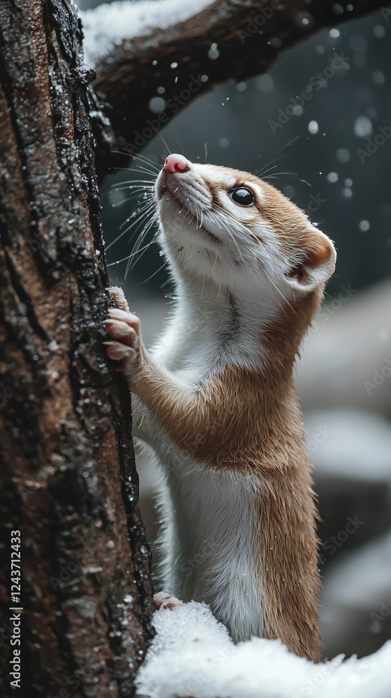 HD Phone Wallpaper Adorable Stoat Kit Climbing Tree in Winter Snowfall ...
