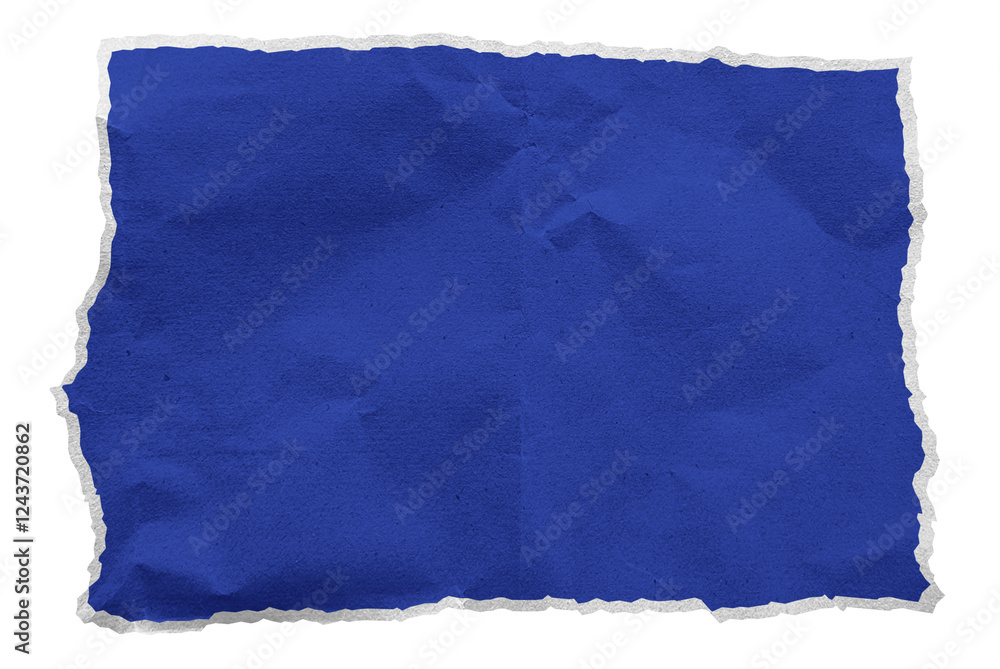 blue color ripped edge glued paper piece on white paper. paper texture ...