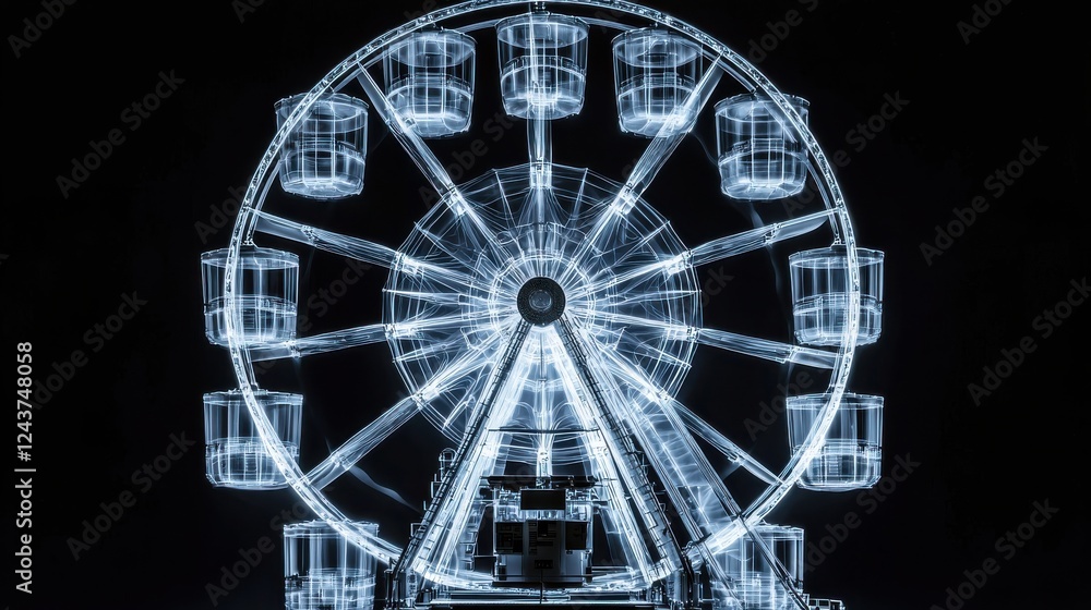 Illuminated Ferris wheel at night, glowing white lights against a black ...