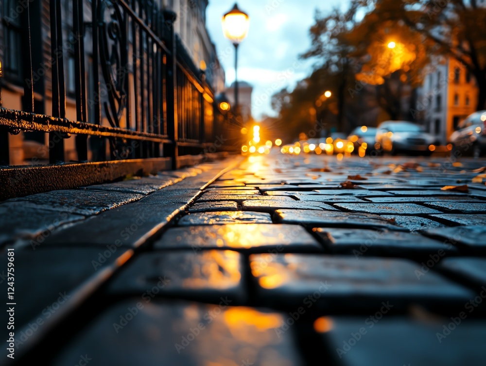 Vintage brick sidewalk with wrought iron fences, classic streetlamp ...