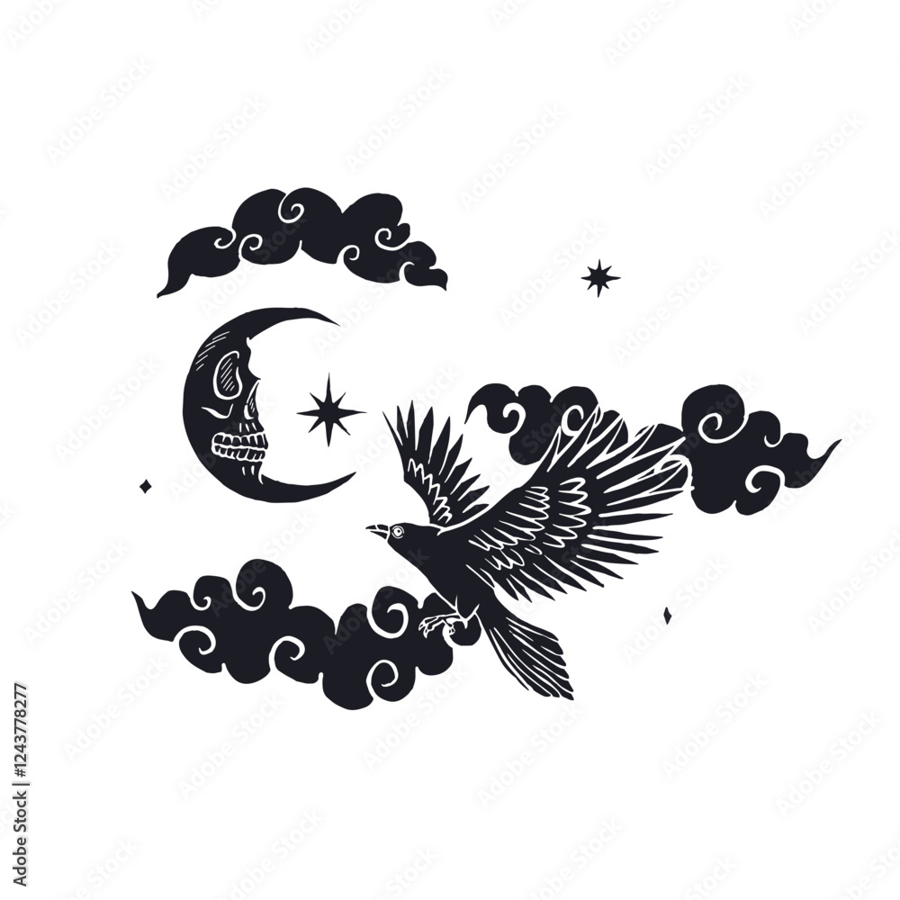 Hand drawn black and white inky sketch style raven or crow isolated on ...