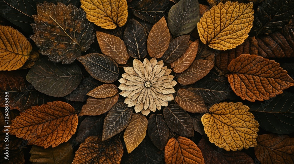 Top-down view of various leaves arranged in a radial pattern, intricate ...