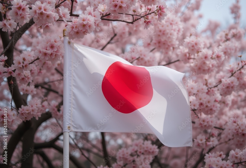 Japanese national flag waving among cherry blossom trees in full bloom ...