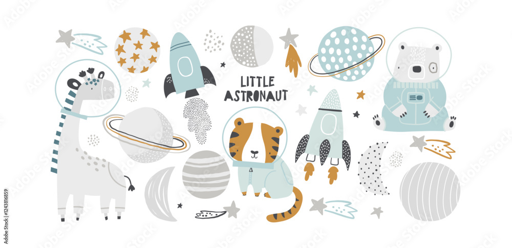 Vector illustration of cute animal astronauts: tiger, giraffe and bear ...