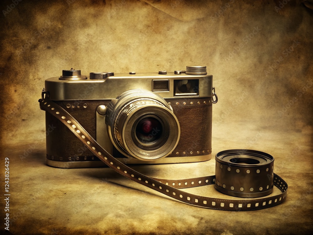 Vintage Style Photo: Retro Camera & Film Roll, Aged Paper Texture ...