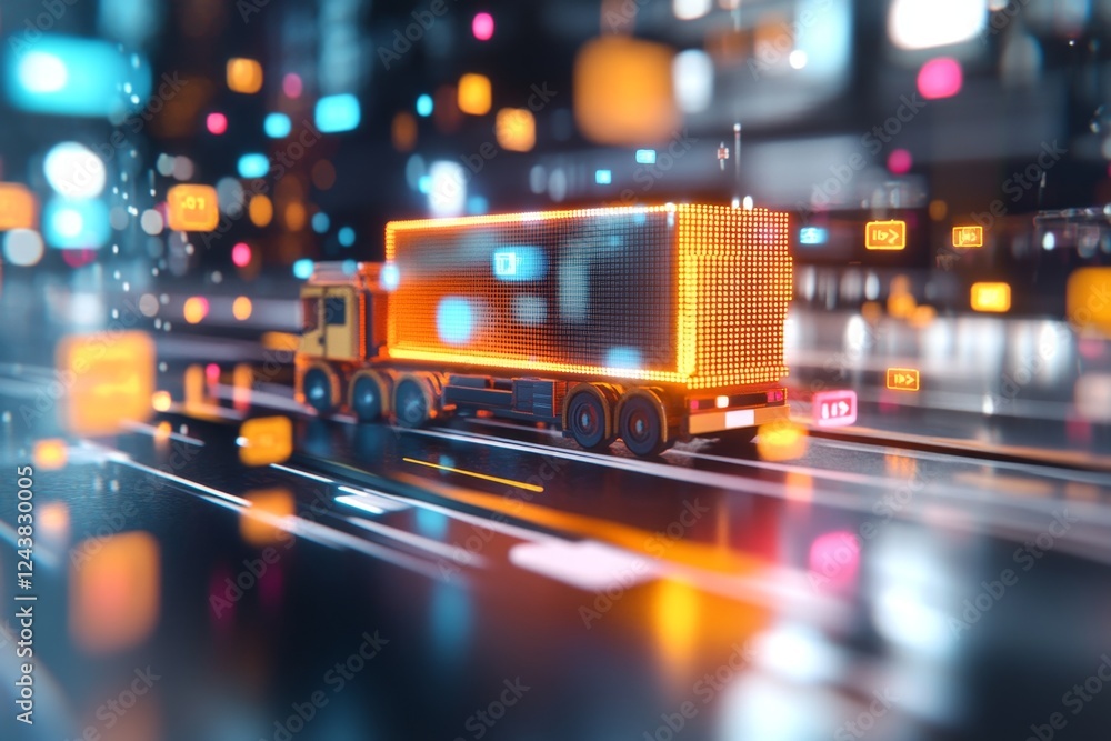 A 8-bit pixel art of a delivery truck moving across a map, with small ...