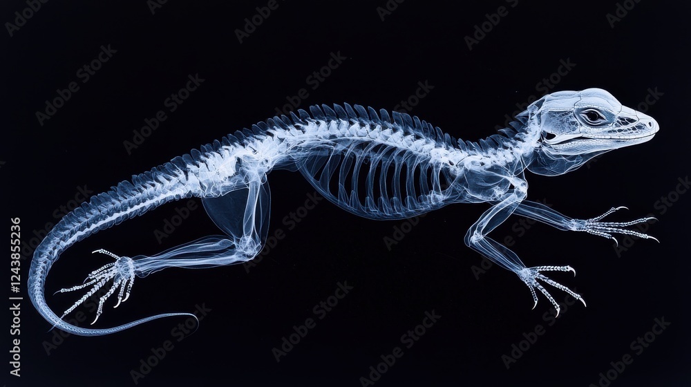 X Ray image of a lizard skeleton on a black background. The skeleton is ...