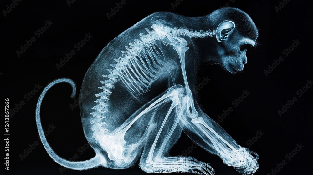 Detailed X ray style image of a monkey sitting, showcasing its skeletal ...
