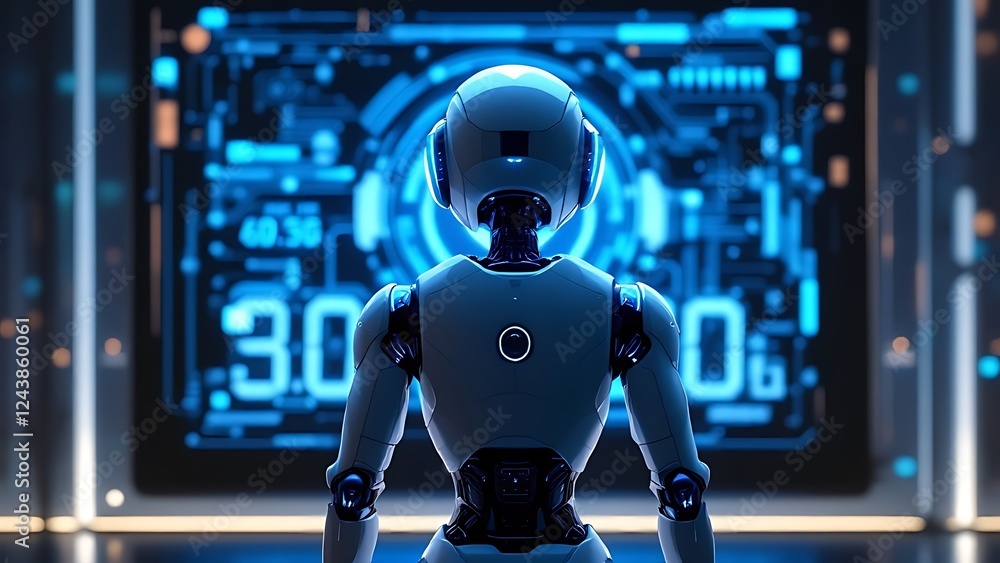 Design of a smart humanoid robot with artificial intelligence touching a hologram digital ...