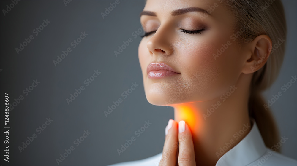 Woman checking her thyroid gland. Throat cancer, symptoms, disease ...