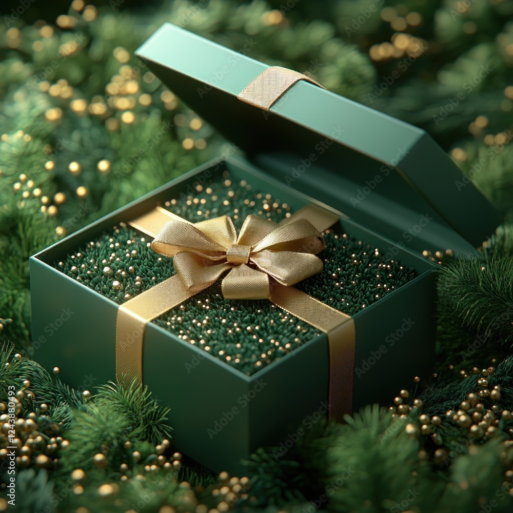 Open Green Gift Box with Golden Ribbon for Christmas and Celebrations ...