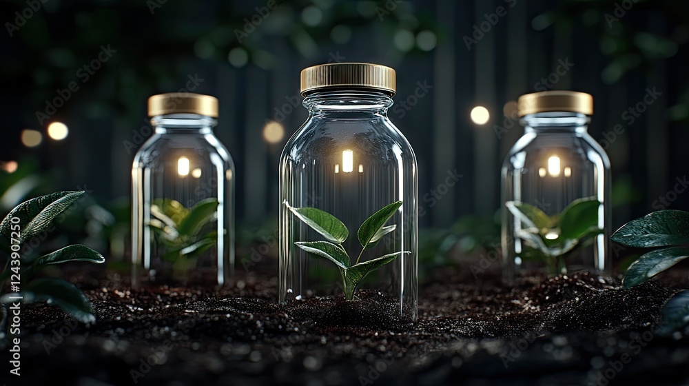 Plants growing inside glass jars in a dimly lit garden during the night ...