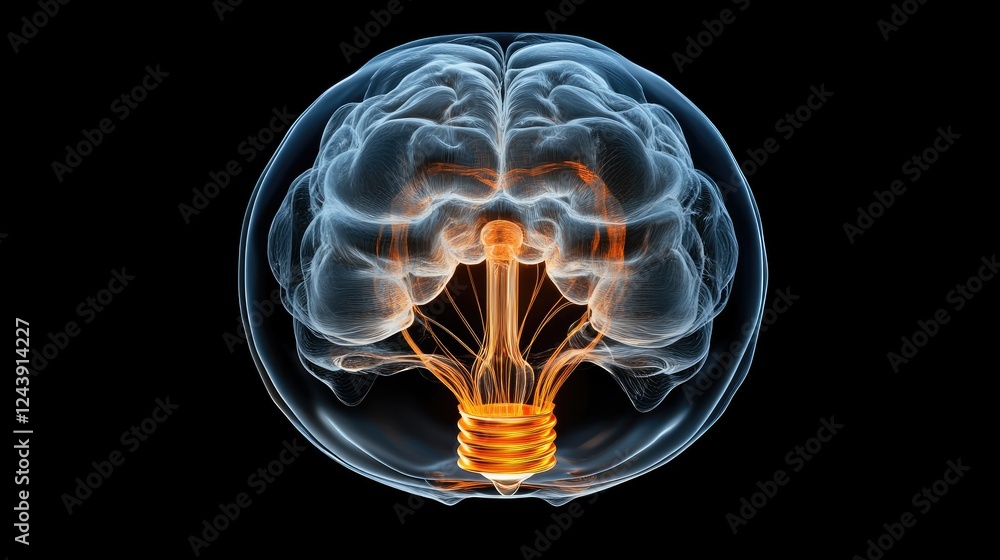 Modern digital illustration of a human brain forming the filament of a ...