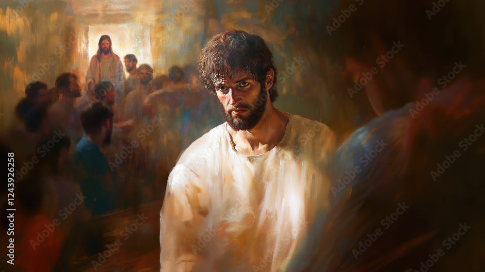 Oil painting of Doubting Thomas with hesitant and questioning gaze ...