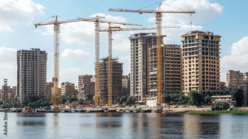 Urban development along the Nile, featuring modern buildings in ...