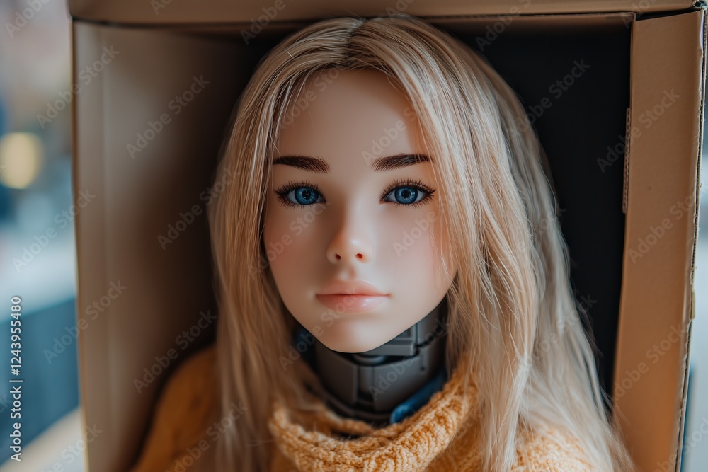 Realistic humanoid robot female dolly displayed in a cardboard box with ...
