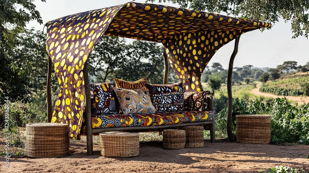 African-inspired outdoor seating with a shaded canopy made from vibrant ...