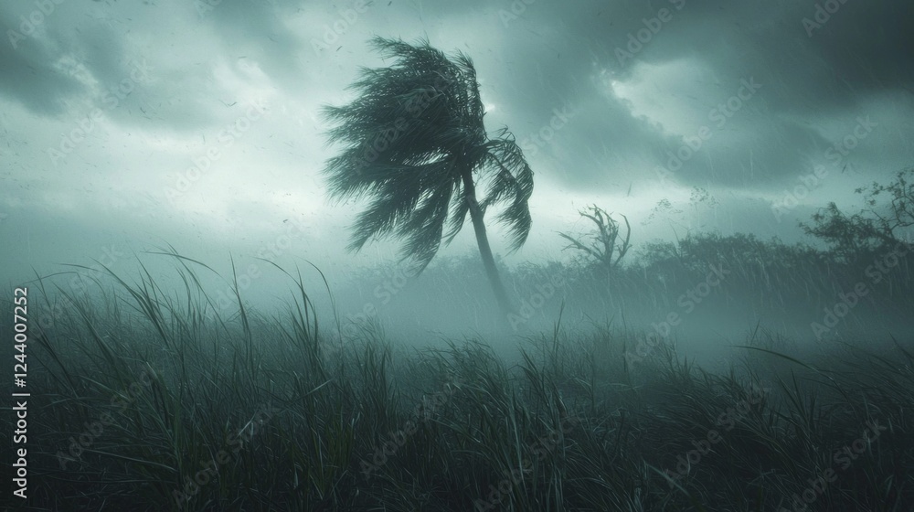 Strong winds whip through an eerie landscape, bending trees and grass ...
