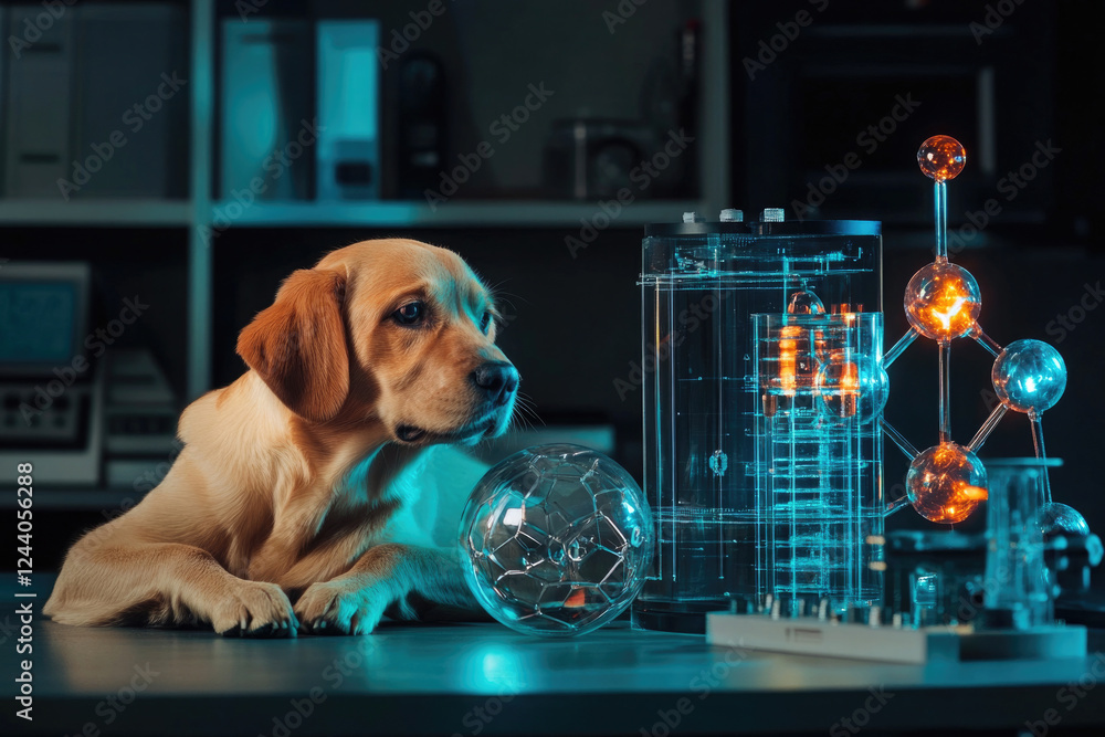 Curious puppy explores a science lab with glowing molecular structures ...