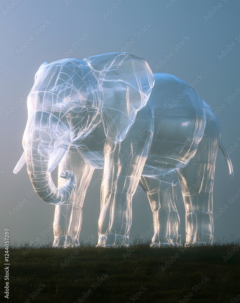 A smooth, inflated translucent plastic elephant, large and surreal ...