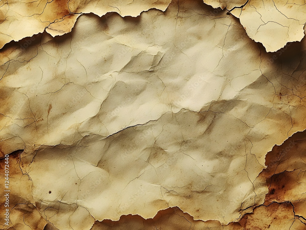 An aged, crumpled piece of parchment paper with a warm, vintage hue ...
