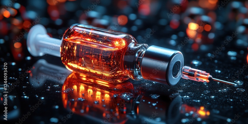 Realistic 3D rendering of testosterone vial and syringe on glossy black ...