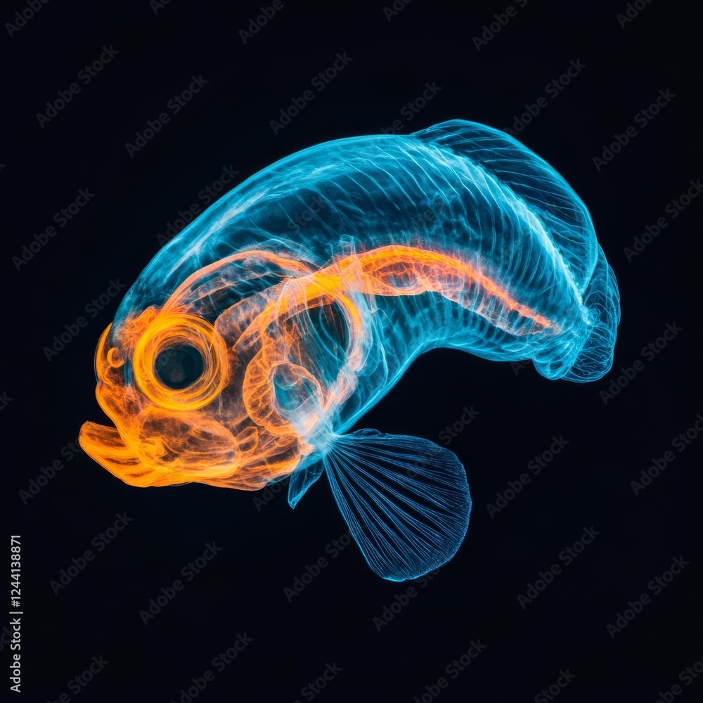 Cross-section of glowing fluorescent zebrafish embryo under UV light ...