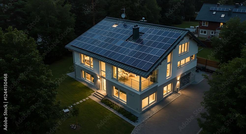 Sustainable solar panel home, innovative house night sky roof, efficient exterior property ...
