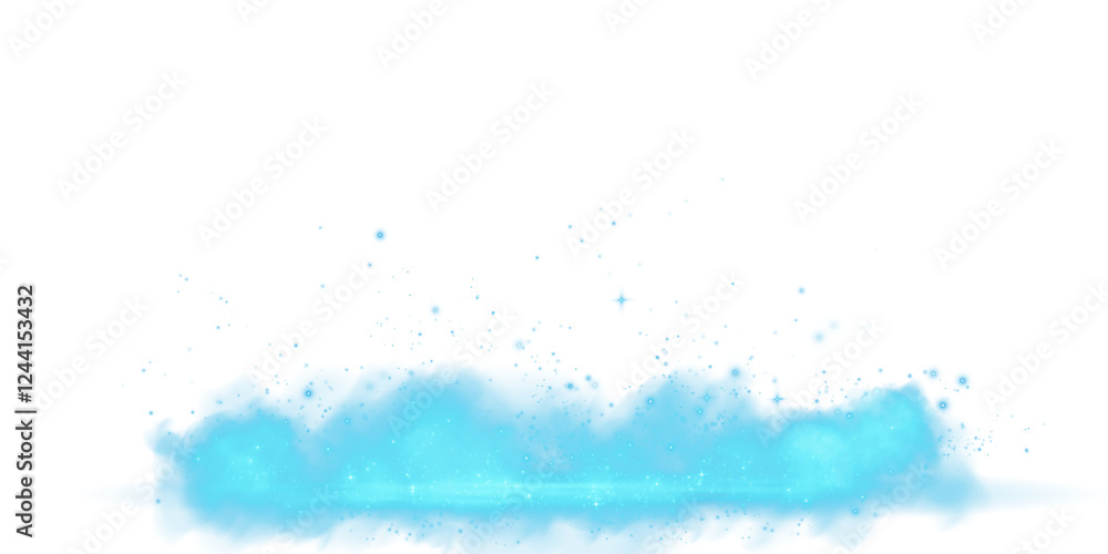 Blue stage with smoke and particle saw light on the floor. Neon light. Empty blue stage and ...