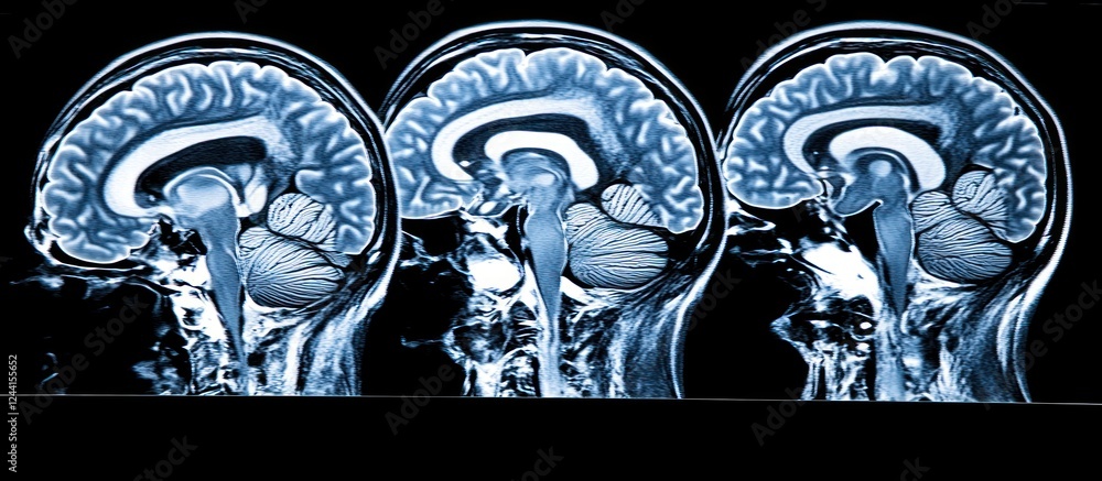 Three brain MRI scans, sagittal view, black background, medical ...
