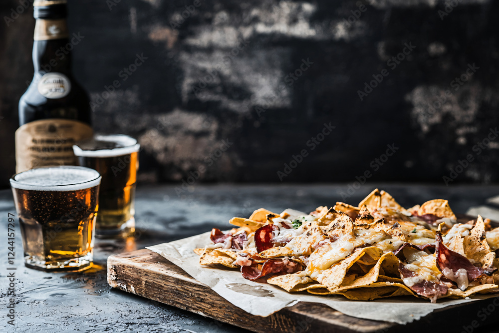 loaded nacho platter with cured meats, melted cheeses, rustic bar ...