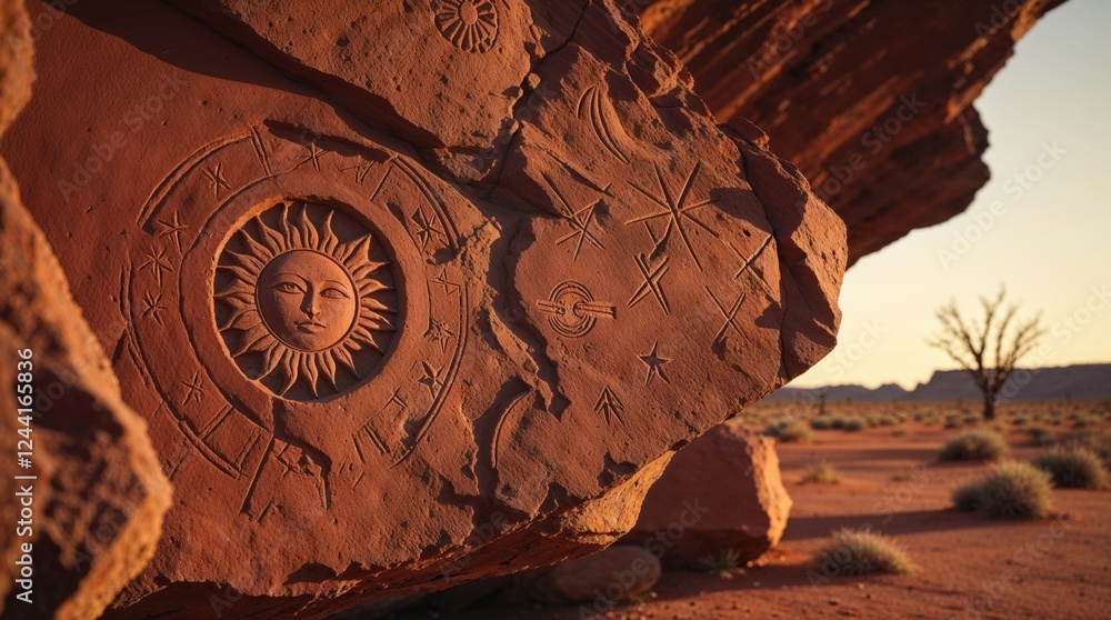 Ancient petroglyphs adorn a sun-baked sandstone boulder in a desert ...