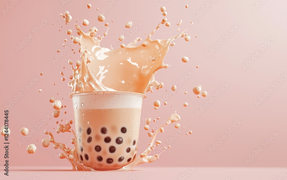 Flying cup of bubble tea with tapioca pearl splashes on a pastel pink ...