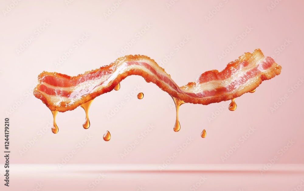 Floating crispy bacon strips with maple syrup drips on a pastel pink ...