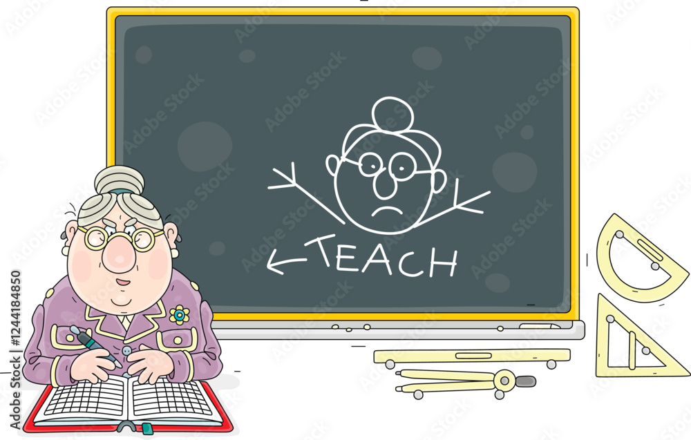 Grumbling, prim and strict school old teacher with an open class ...
