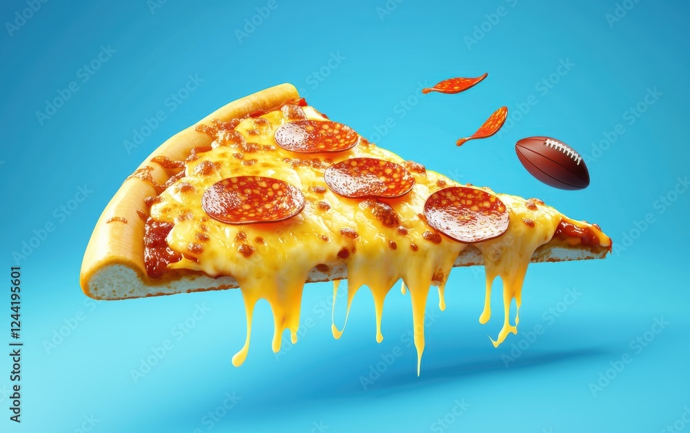 Pepperoni pizza slice with gooey cheese stretches and a football on a ...