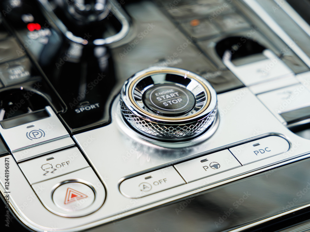 Start stop engine button Interior of modern luxury car. Details of ...