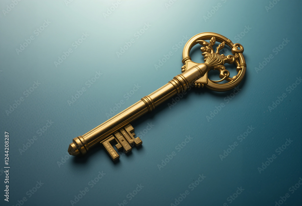 A detailed golden key lies on a smooth blue surface, artistic design ...