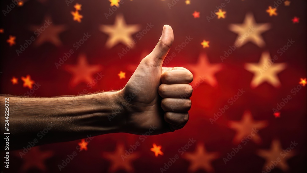 Thumbs Up Gesture with Shiny Stars on a Red Background, Customer ...