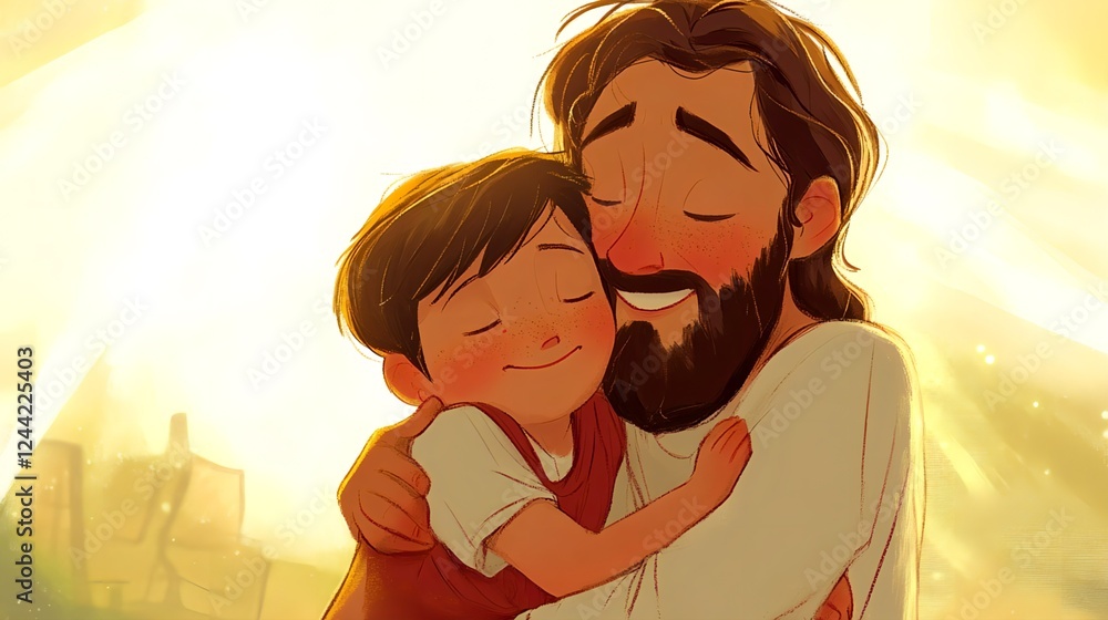 Generative AI. Cartoon illustration of Jesus hugging a boy with great ...