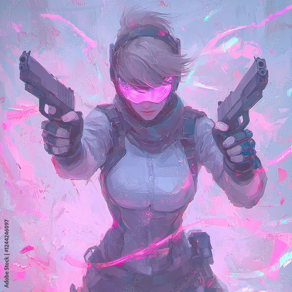 Dynamic gunfight scene futuristic city digital art neon environment ...