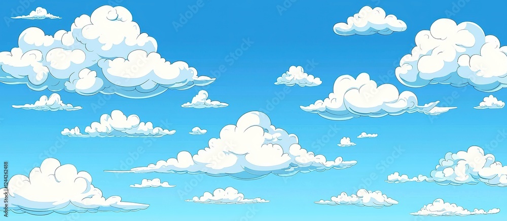 Fluffy white clouds on blue sky. Cartoon illustration with many ...