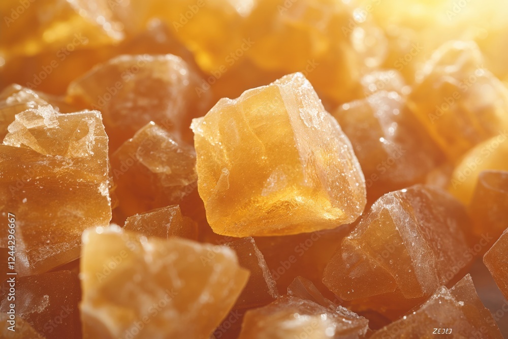 Detailed macro photography of raw sugar crystals in yellow color ...